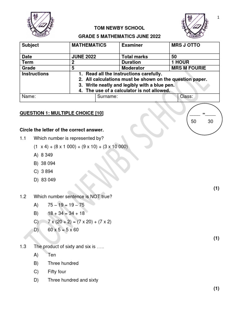 Grade 5 June 2022 Math Exam | PDF | Mathematics