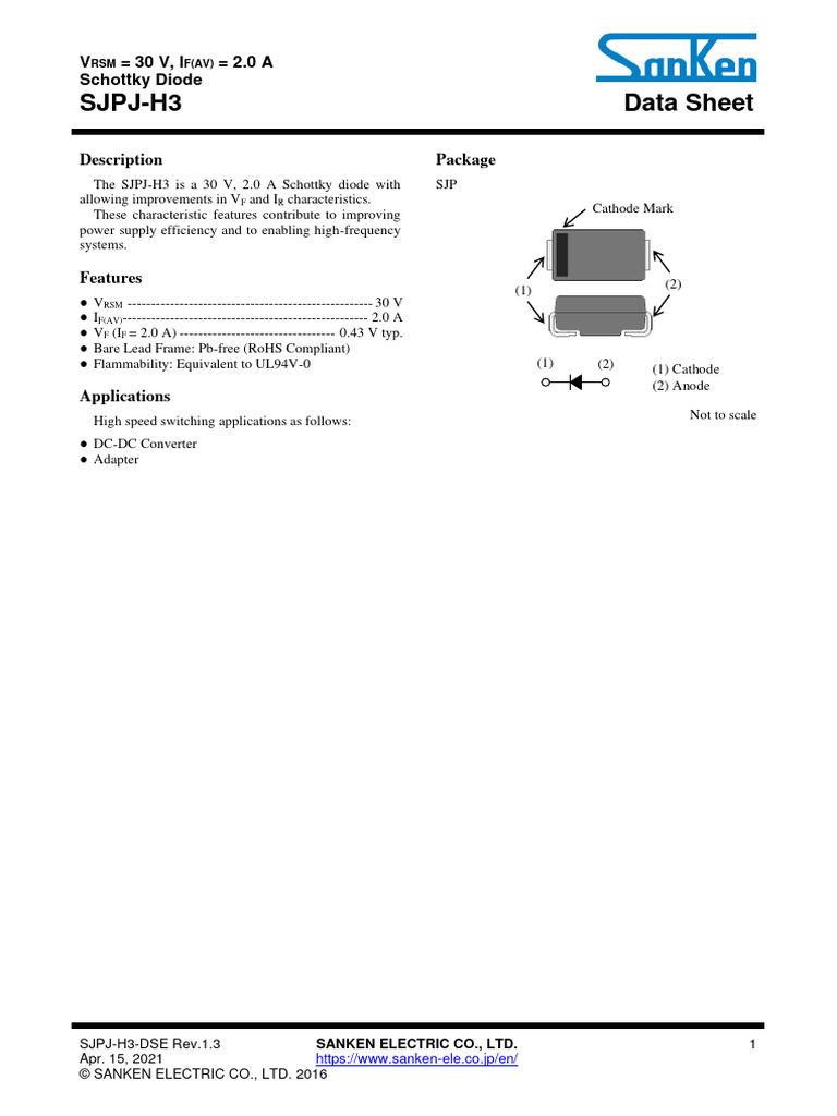 SJPJ-H3 Schottky Diode Data Sheet | PDF