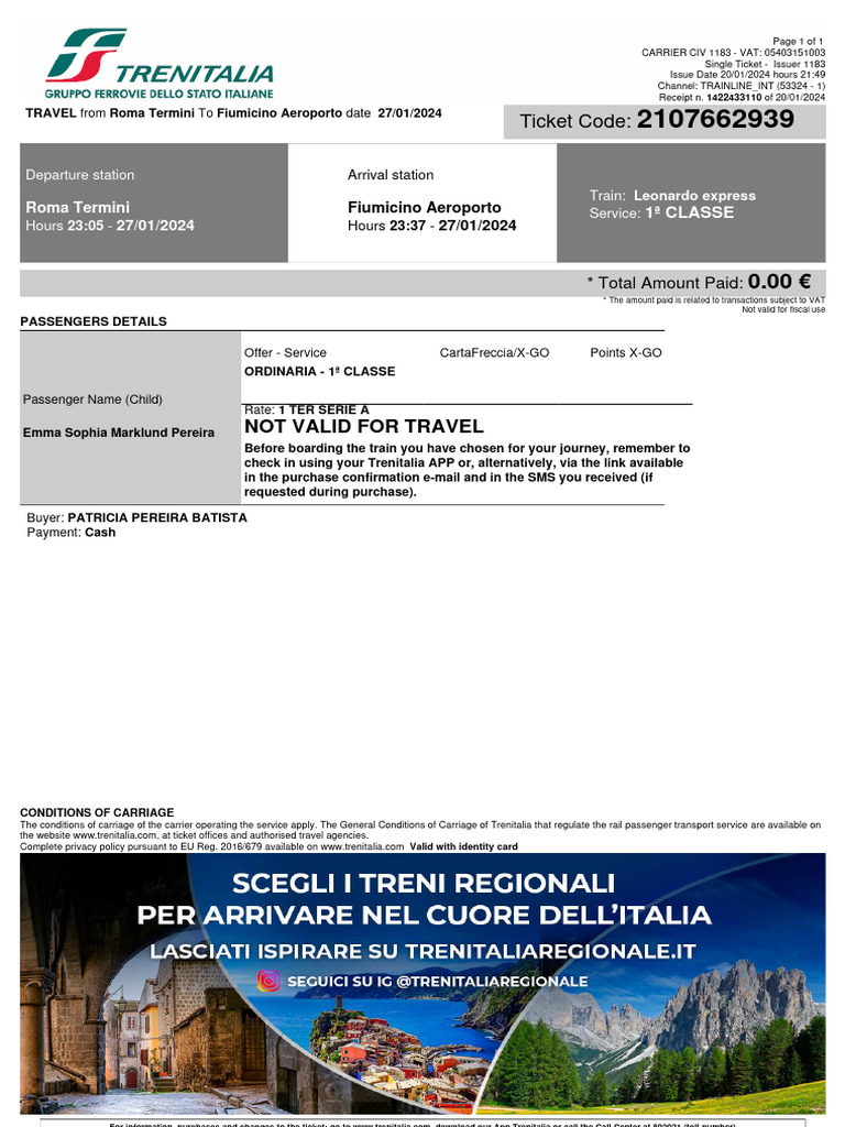 Roma Fiumicino Aeroporto 27 Jan 2024 Bilhete1 | PDF | Value Added Tax | Receipt