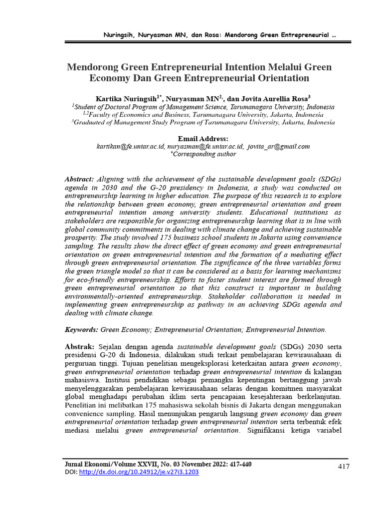 Mendorong Green Entrepreneurial Intention Melalui Green Economy Dan Green Entrepreneurial ...