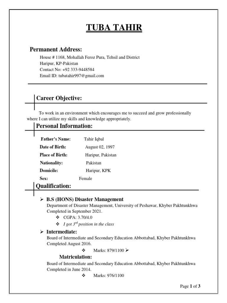 Tuba Tahir CV | PDF | Khyber Pakhtunkhwa