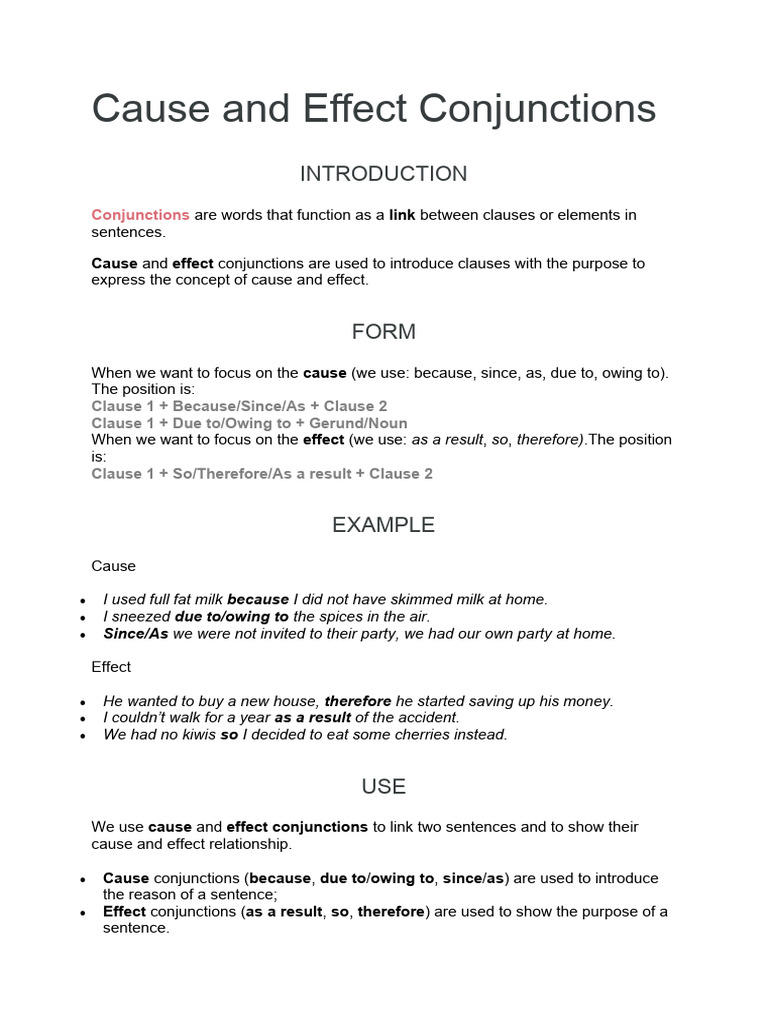 Cause and Effect Conjunctions | PDF