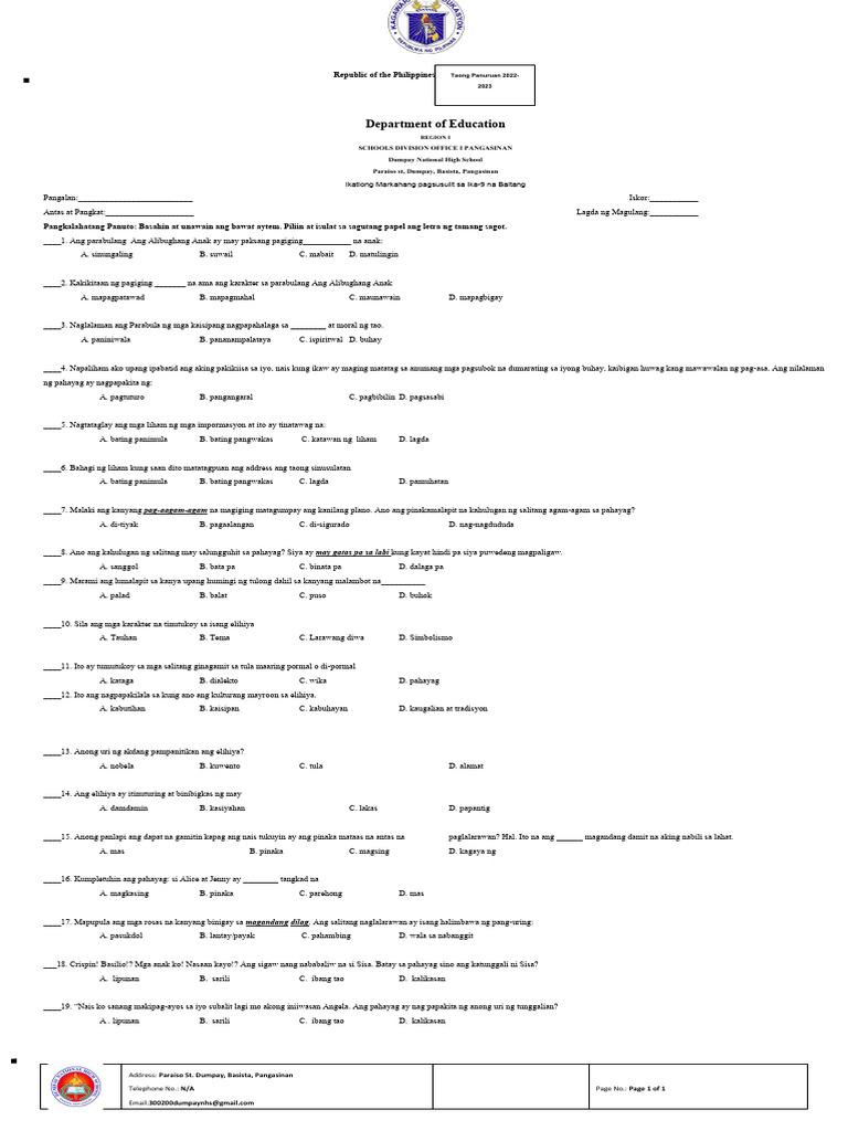 Grade 9-Ikatlong Markahan Pagsusulit Sa Filipino | PDF