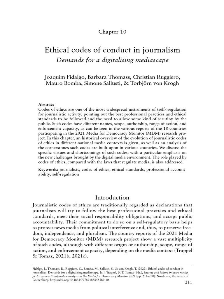 Ethical Codes of Conduct in Journalism-2022 | PDF