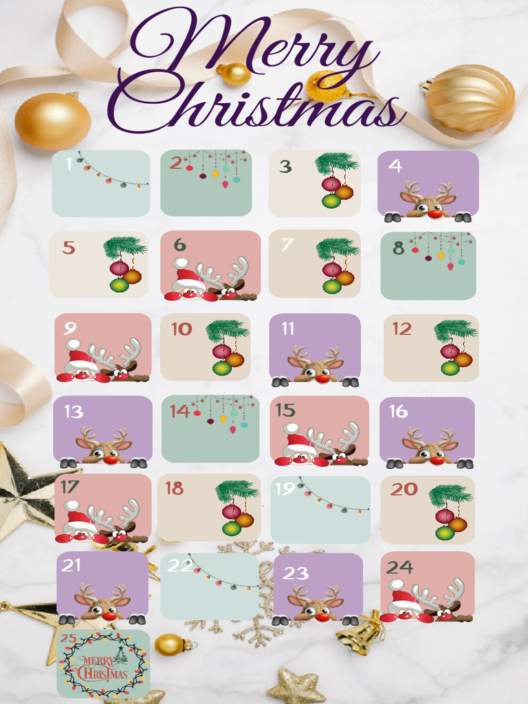 Green & Pink Pastel Illustrated Cute Advent Christmas Calendar Your ...