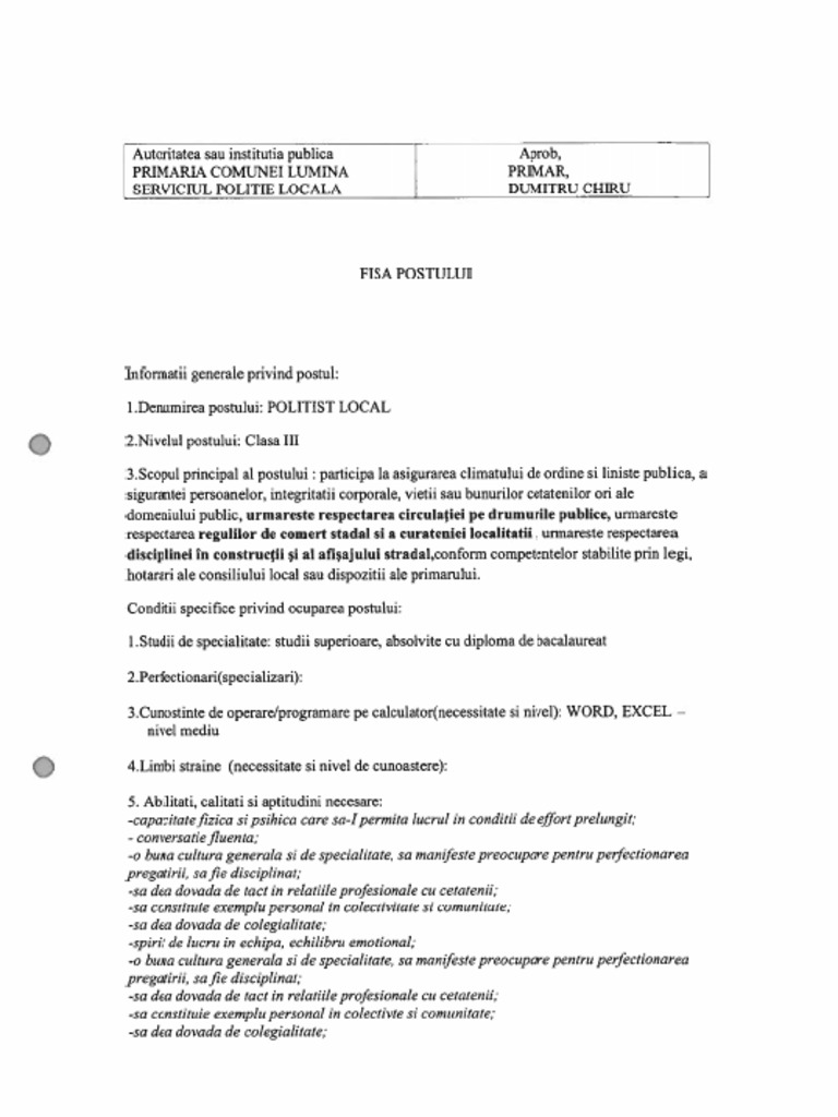 Fisa Postului Politist Local | PDF