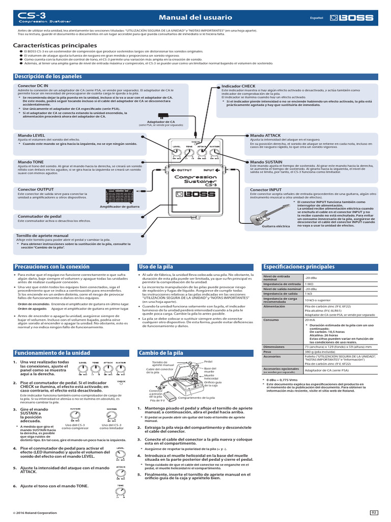 BOSS - Compression Sutainer - CS-3 - MANUAL ESPAÑOL | PDF | Conector eléctrico | Guitarras