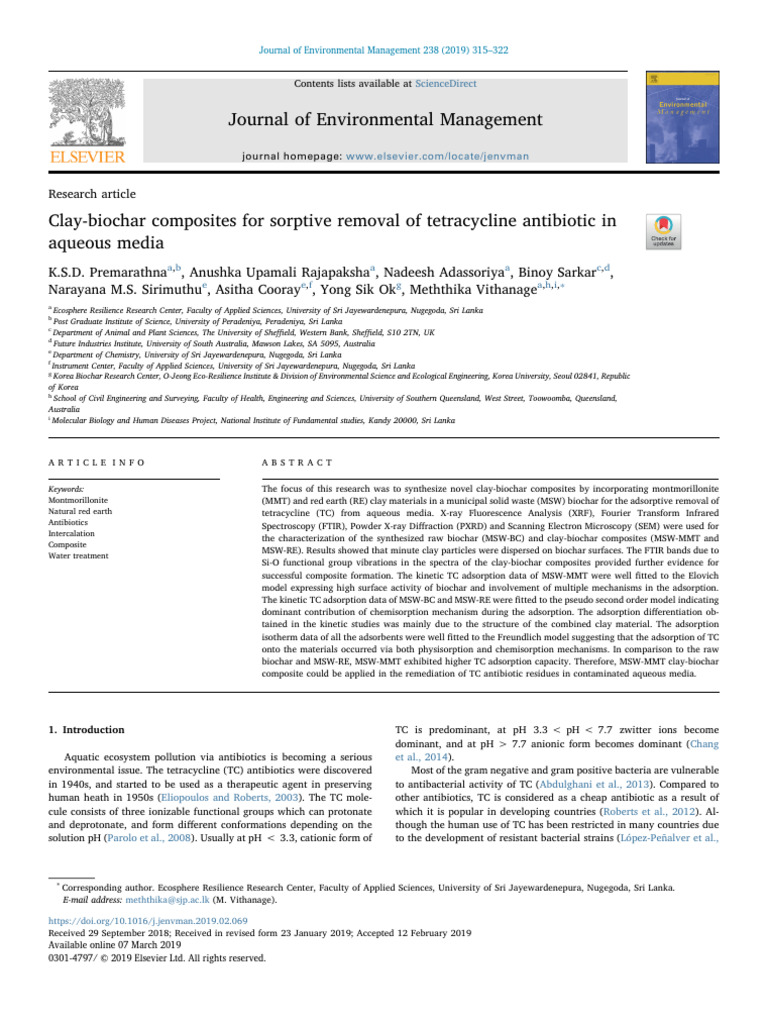 Clay-Biochar Composites For Sorptive Removal of Tetracycline Antibiotic ...