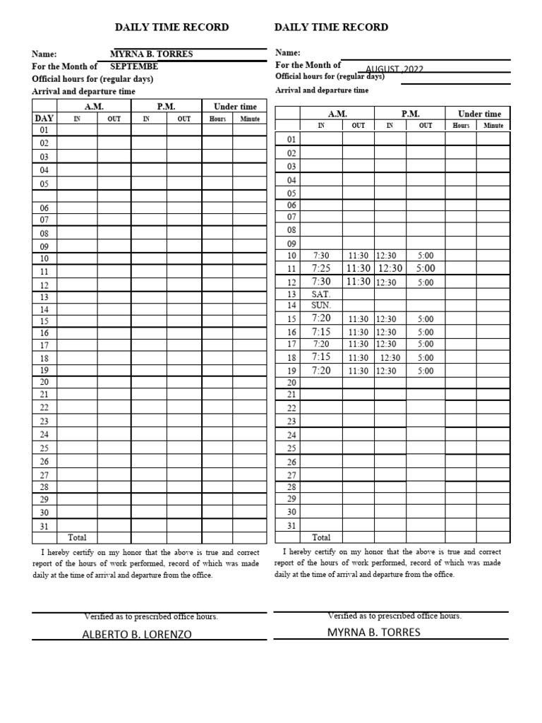 Daily Time Record for Myrna B. Torres | PDF