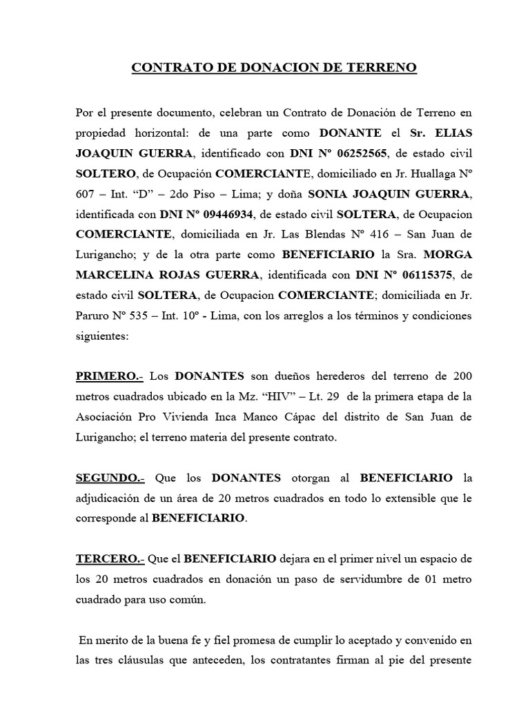 CONTRATO DE DONACION DE TERRENO | PDF