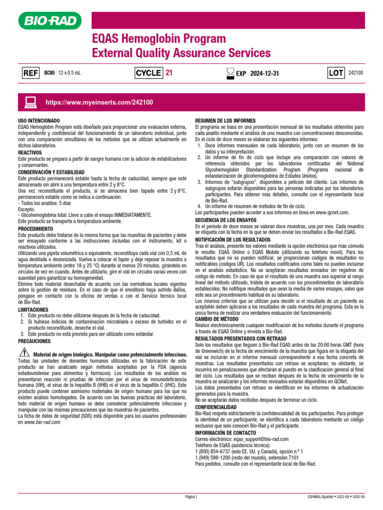 iNSERTO Eqas Hemoglobina | PDF | Laboratorios | Virus