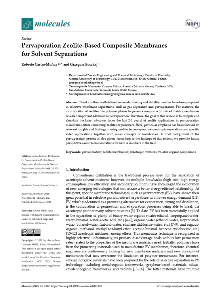 Pervaporation Zeolite Based Composite Membranes For Solvent Separations - 55297 | PDF | Zeolite ...
