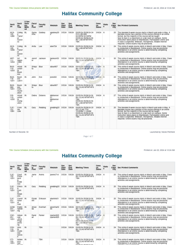 Halifax Community College Course Schedule | PDF