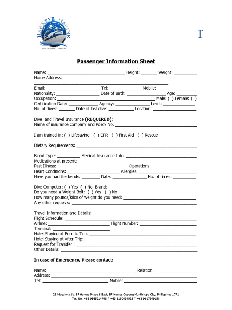 Passenger Information Sheet | Download Free PDF | Scuba Diving ...