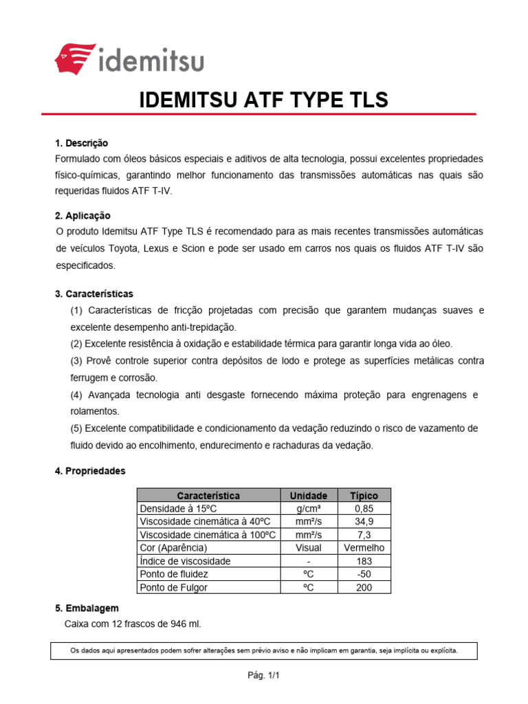 Fluido Idemitsu ATF Type TLS | PDF
