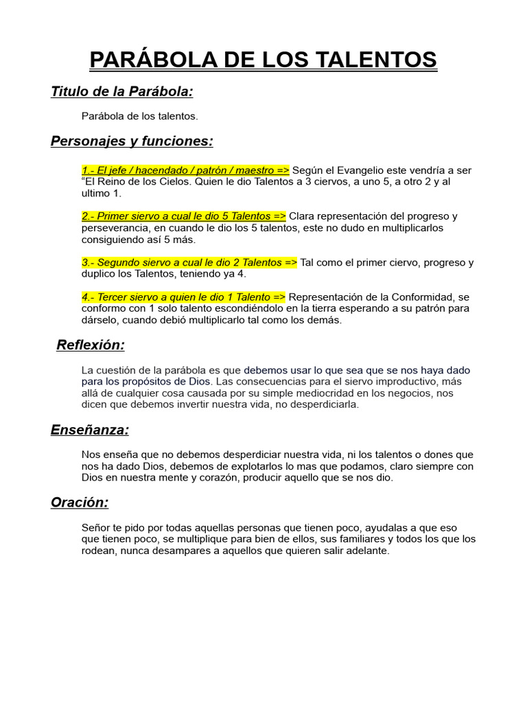 Parábola de Los Talentos. | PDF