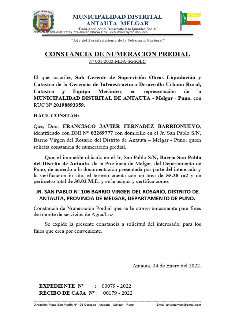 092 Constancia de Numeración Predial 2022 | PDF | Documento | Centroamérica