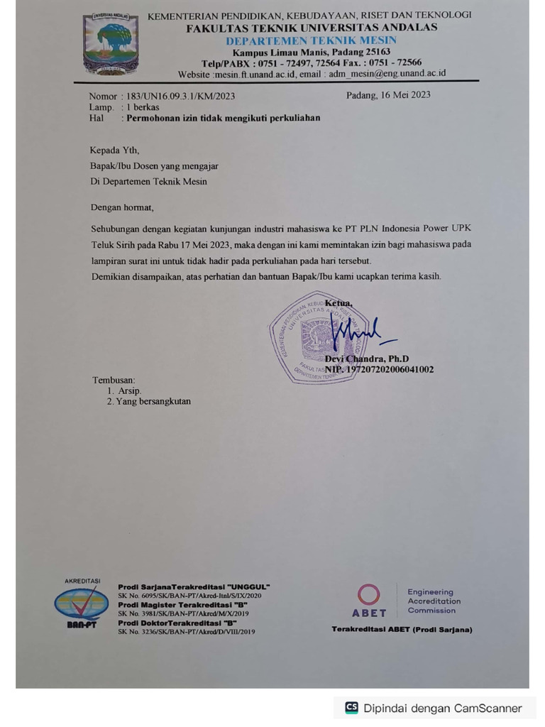 Surat Permohonan Izin Tidak Mengikuti Perkuliahan, 17 Mei 2023 | PDF