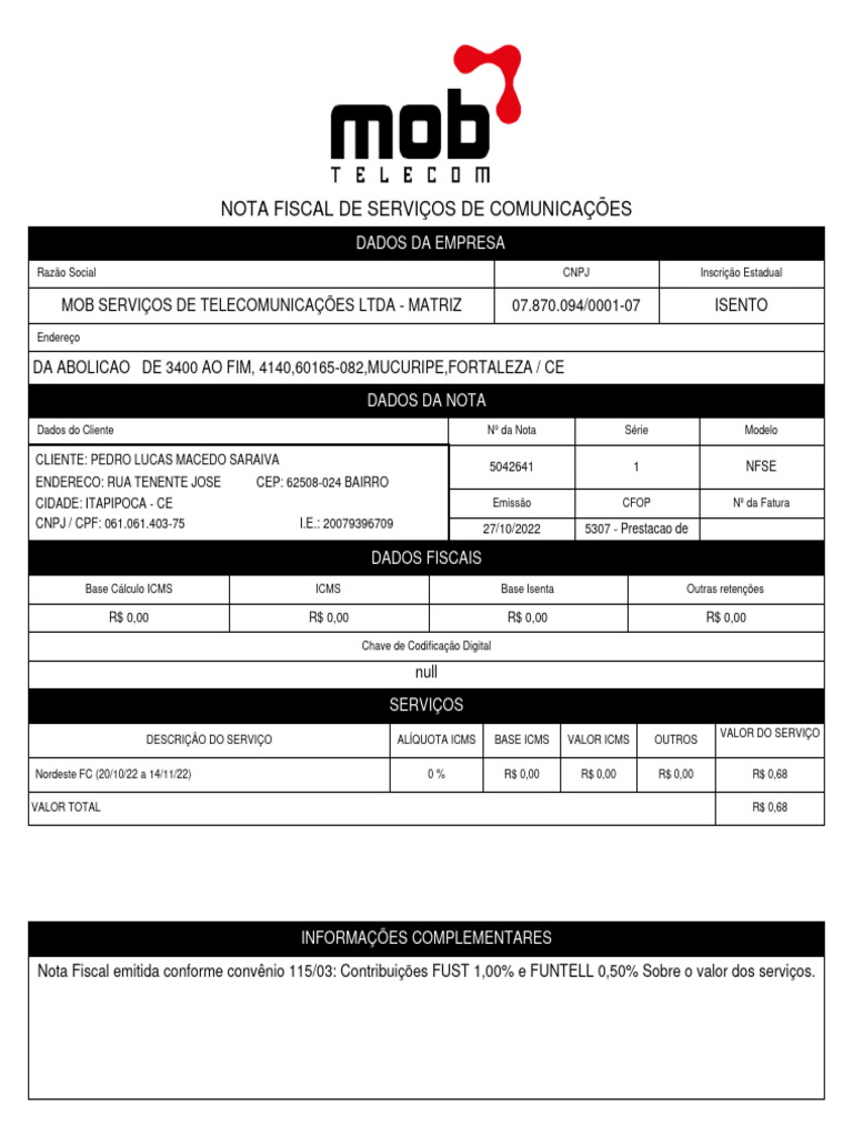 Nota Fiscal Mob Telecom | PDF | Business | Economia de negócios