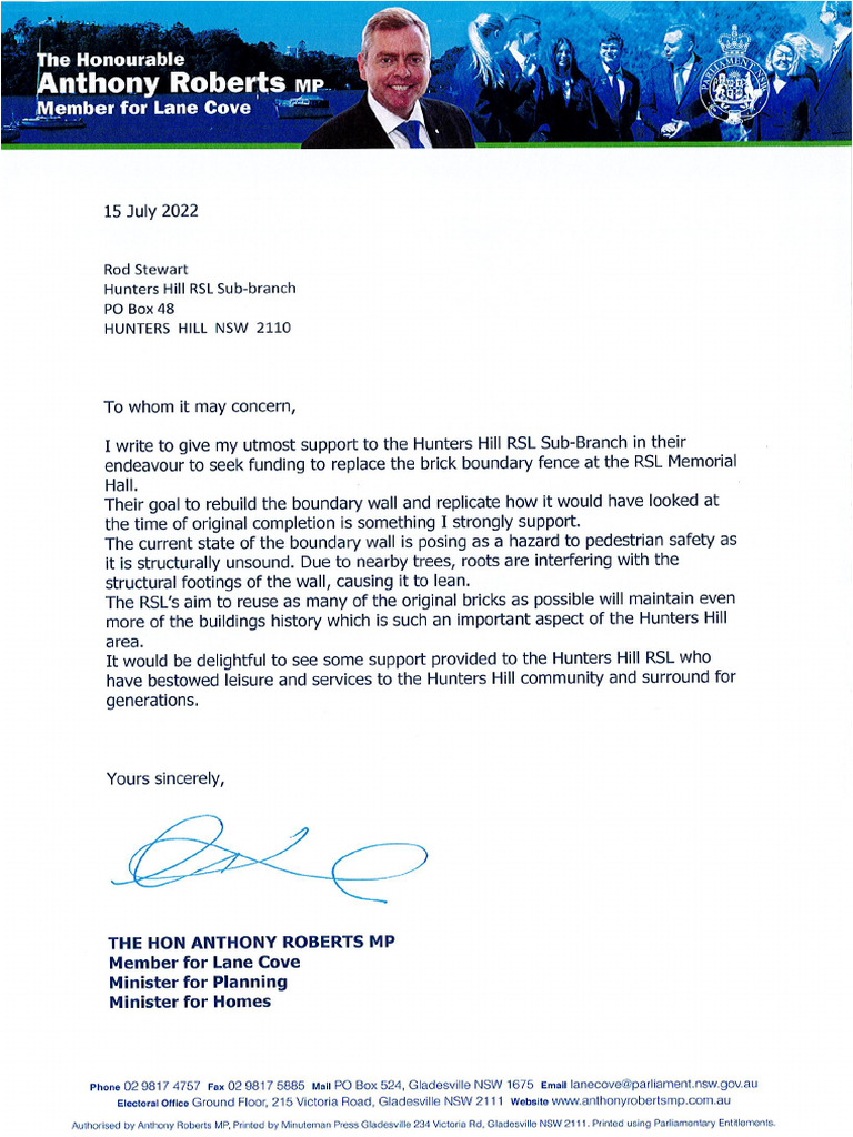 Hunters Hill RSL Sub-Branch Letter of Support | PDF