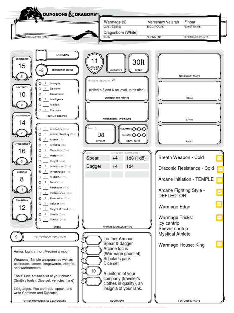 Dragonborn Warmage Character Sheet | PDF