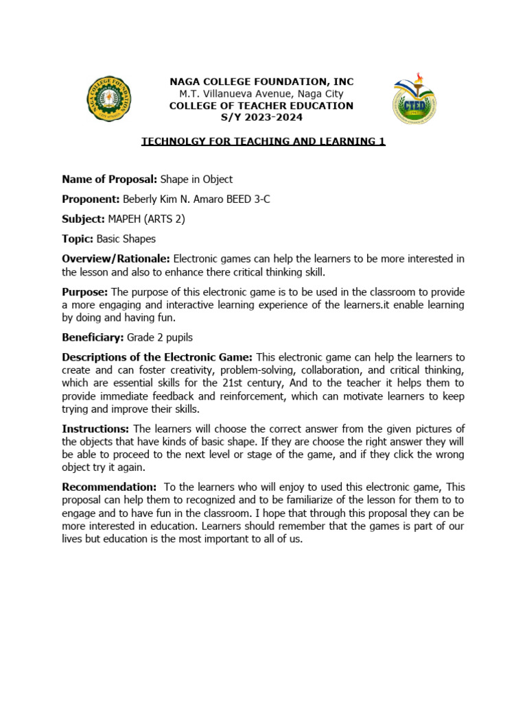 Interactive Game Proposal for Grade 2 | PDF