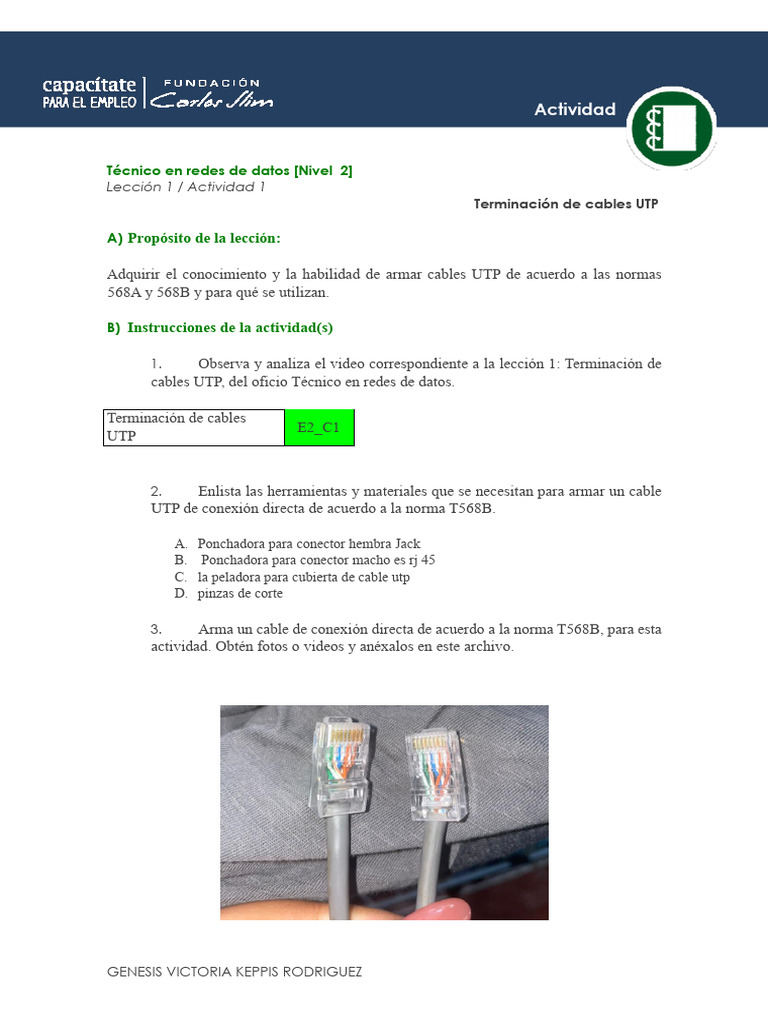 Terminación y prueba de cables UTP | PDF | Ingenieria Eléctrica ...