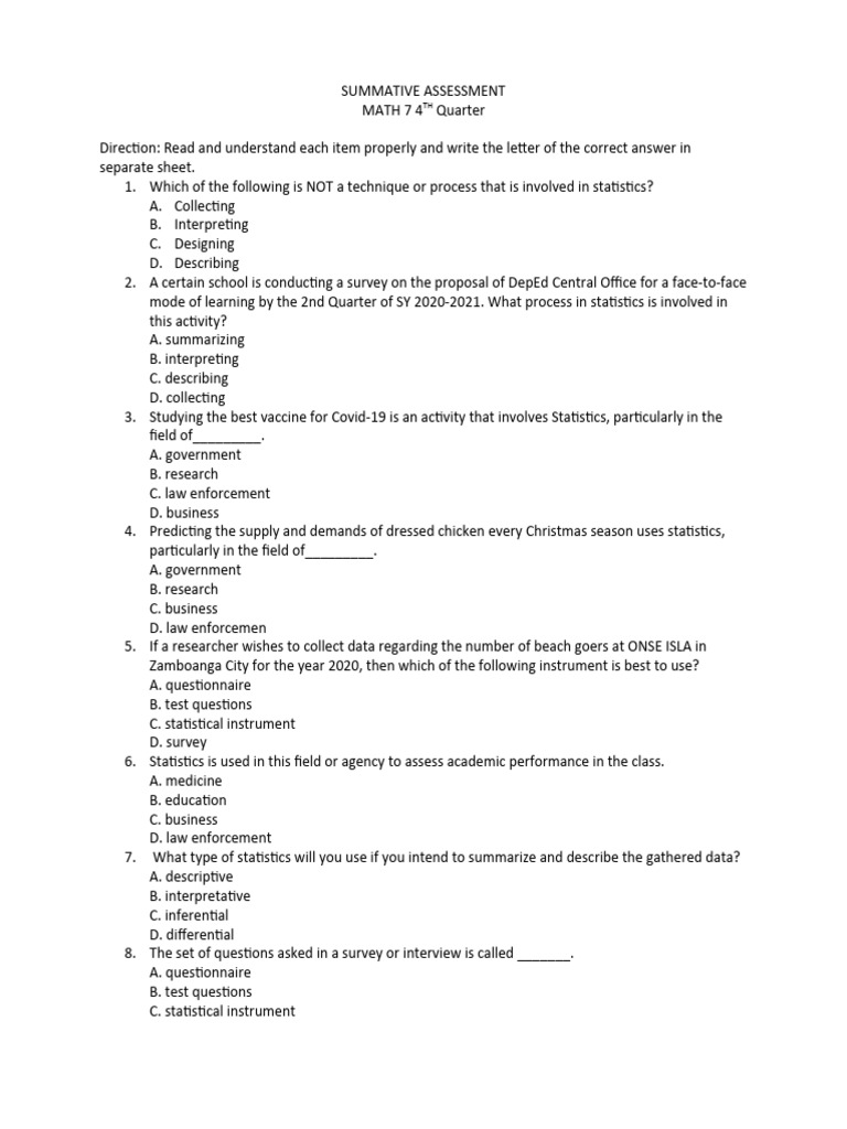 Grade 7 q4 Summative Assessment | PDF | Variance | Survey Methodology