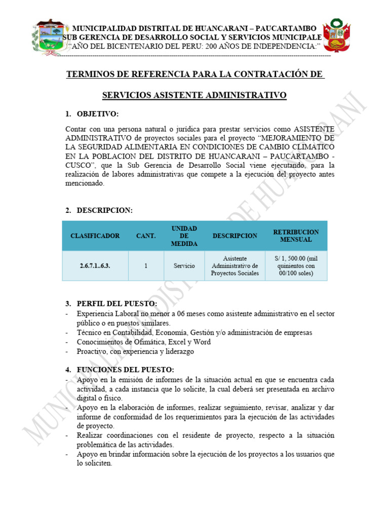 TDR Asistente Administrativo | PDF