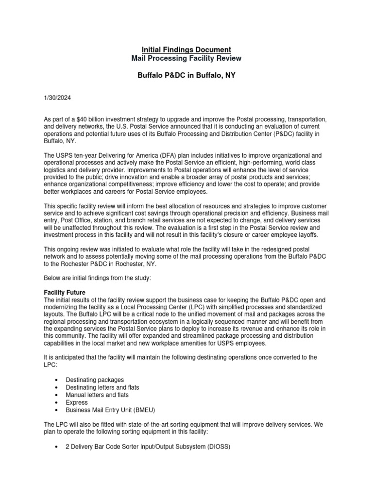 Initial Findings Buffalo Ny 01-30-2024 | PDF | United States Postal ... Initial Findings Buffalo Ny 01-30-2024 | PDF | United States Postal ...