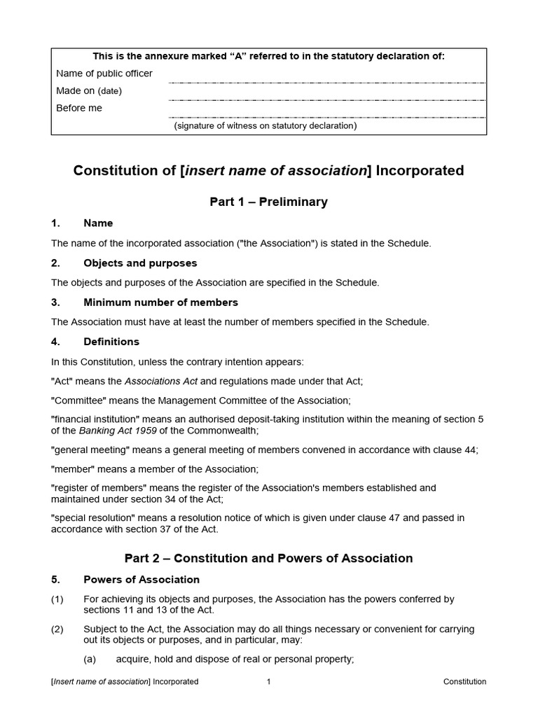 Incorporated Association Model Constitution Template | PDF