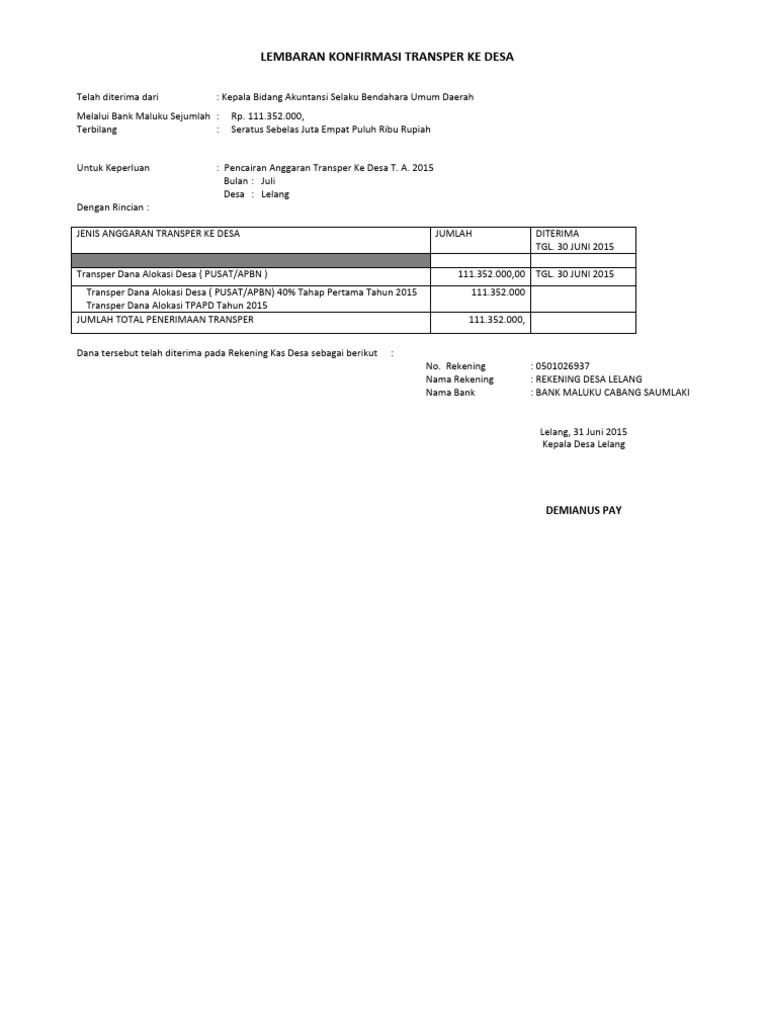 Lembaran Konfirmasi Transfer Ke Desa | PDF