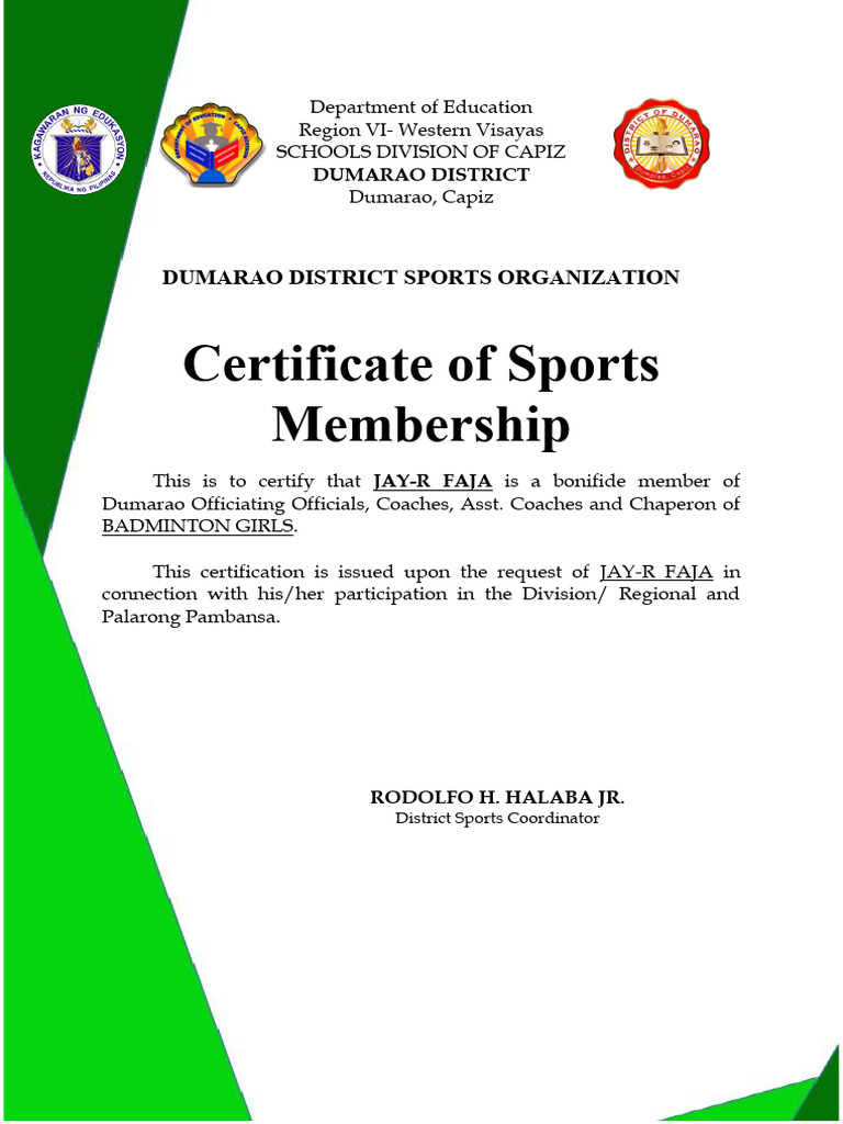 Certificate of Sports Membership | PDF