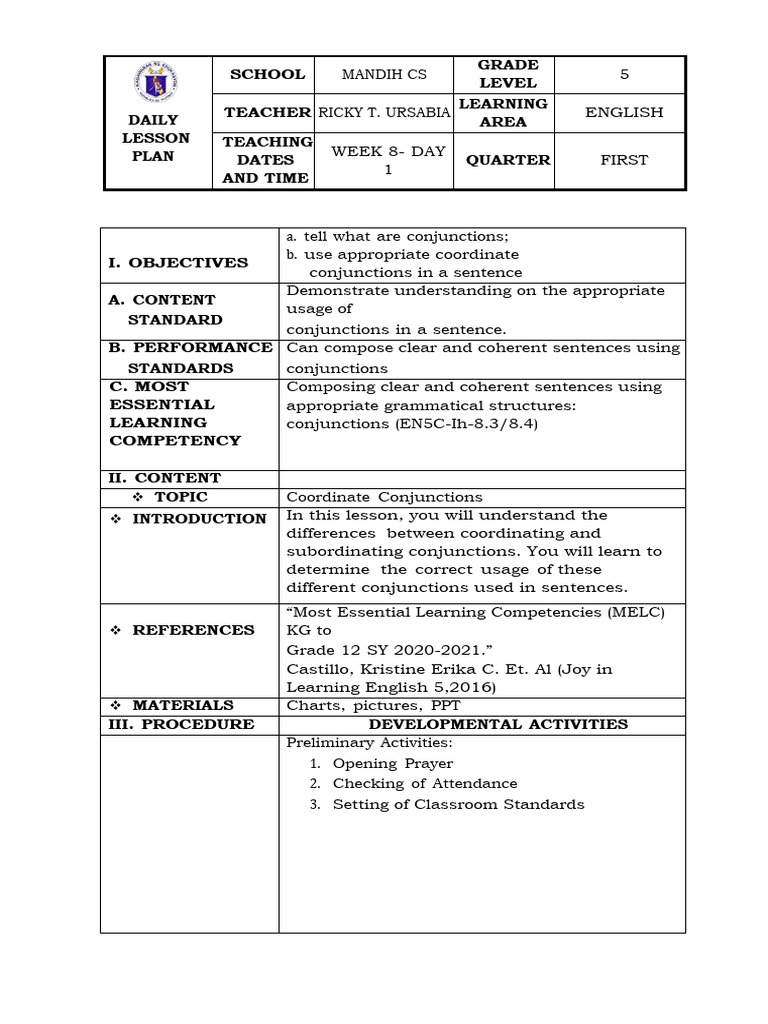 Grade 5 Conjunction Lesson Plan | PDF | Grammar | Syntax