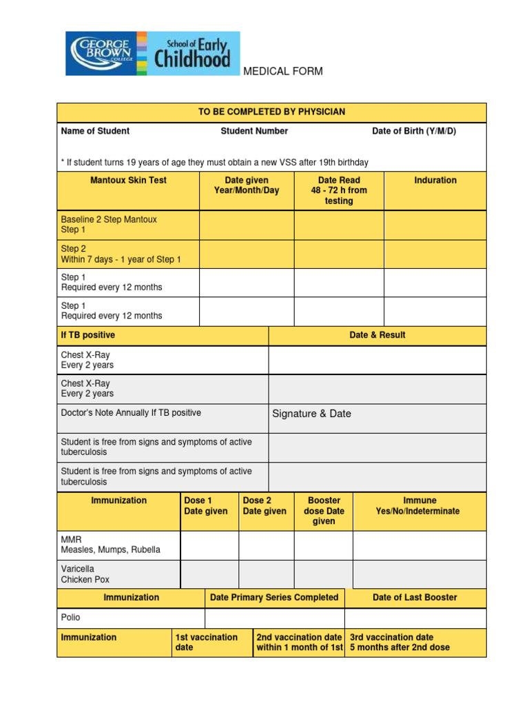 George Brown College ECE Medical Form | PDF | Vaccines | Pediatrics
