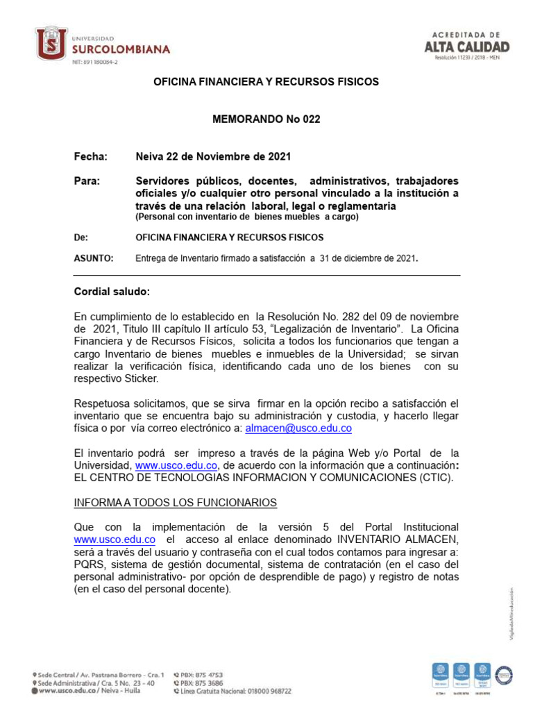 Memorando Entrega de Inventario | PDF