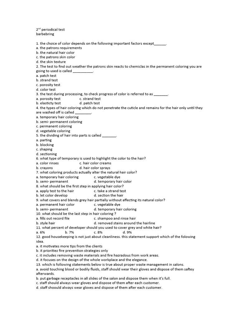 2nd Periodical Test BARBERING | PDF | Hairdresser | Personal Protective ...