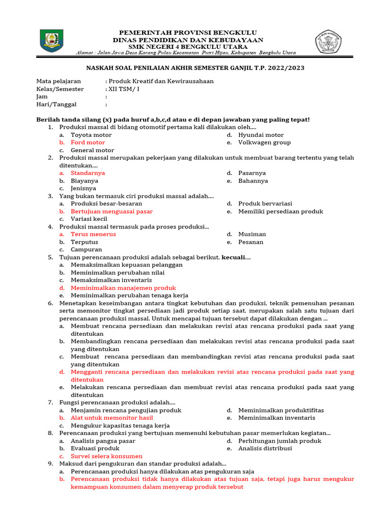 Soal Pas Pkwu Ganjil Xii TSM-1 | PDF