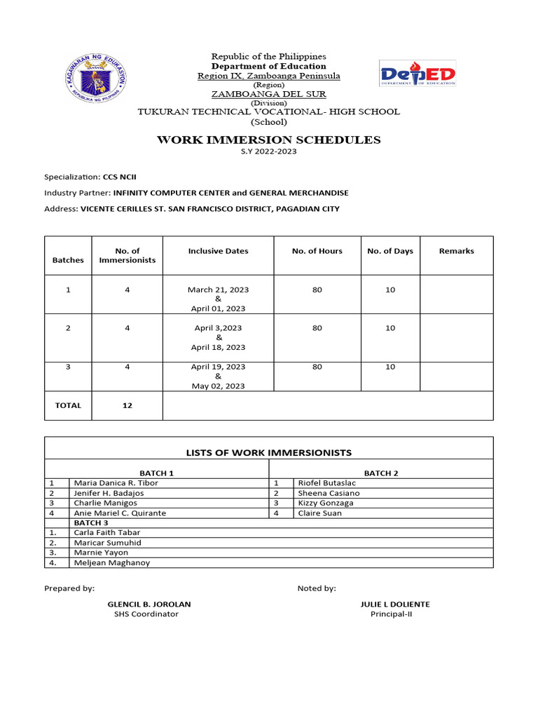 2023 Work Immersion Schedules | PDF
