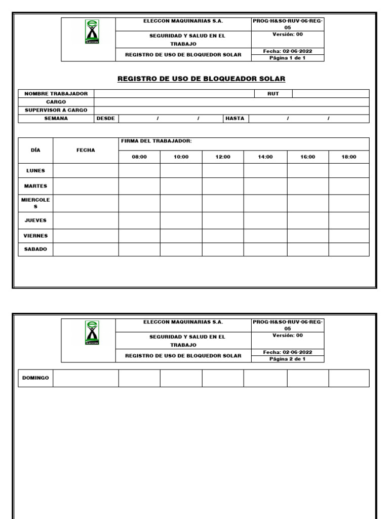 Registro de Uso de Bloqueador Solar | PDF Registro de Uso de Bloqueador Solar | PDF