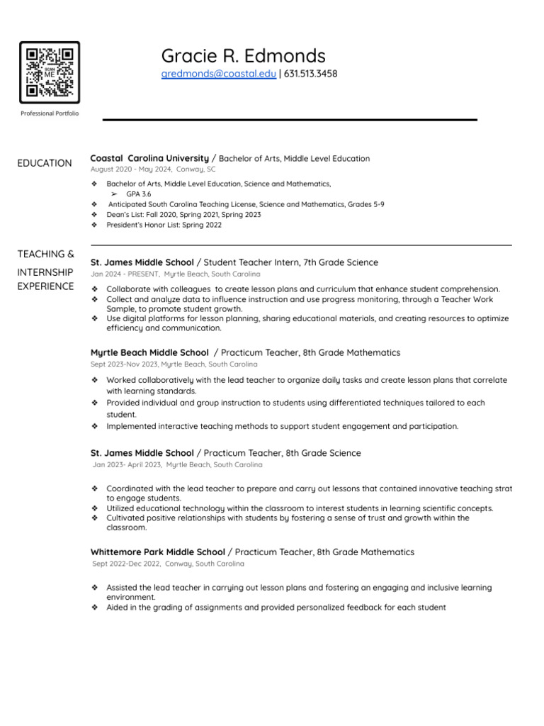 Gracie Edmonds Resume | PDF | Teachers | Educational Technology