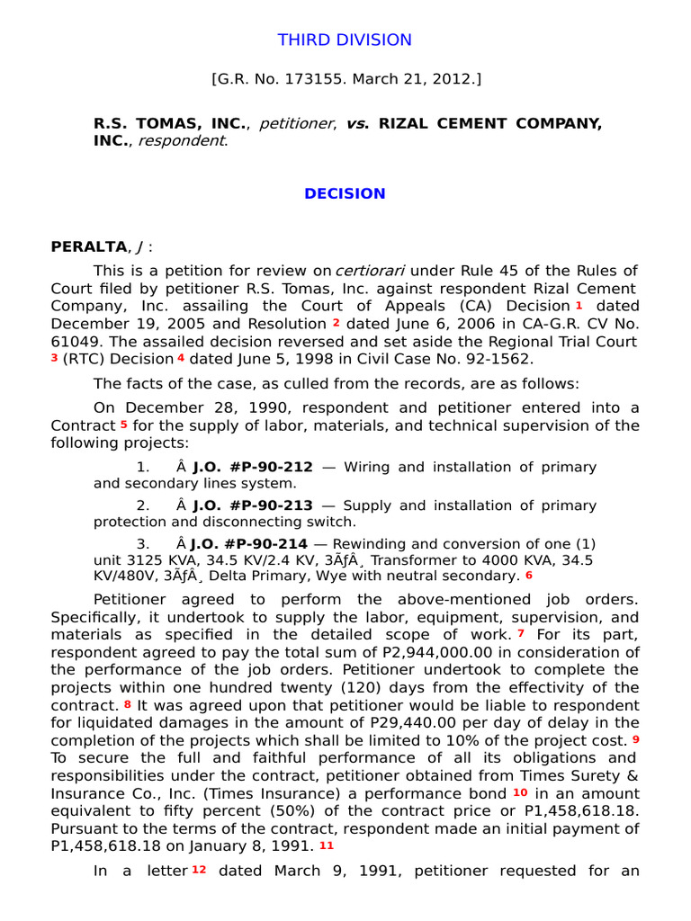 R.S. Tomas, Inc. v. Rizal Cement Co., Inc. | PDF