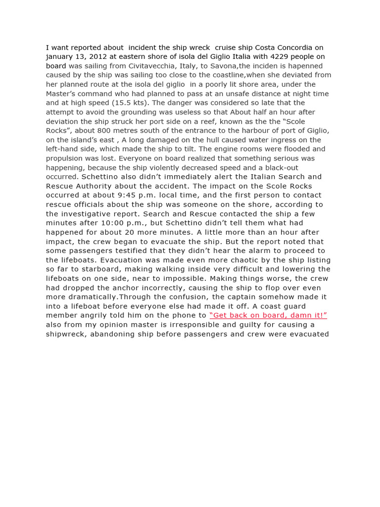 Costa Concordia Shipwreck Analysis | PDF