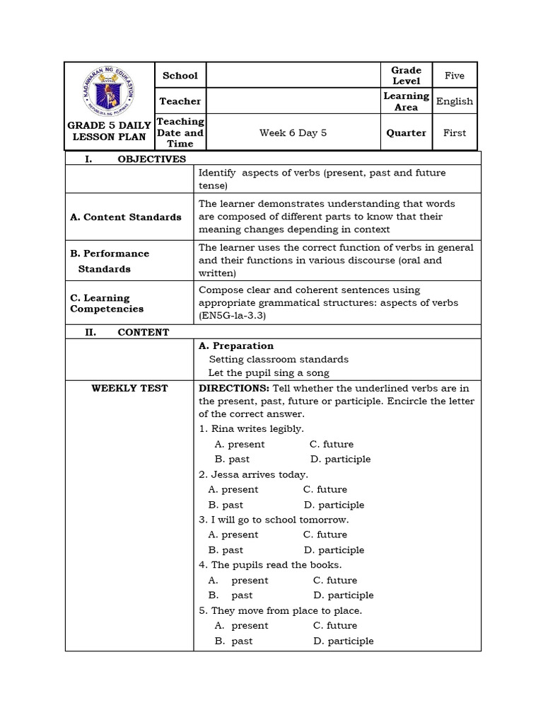 English 5-Q1-Week 6-D5 | PDF | Verb | English Language