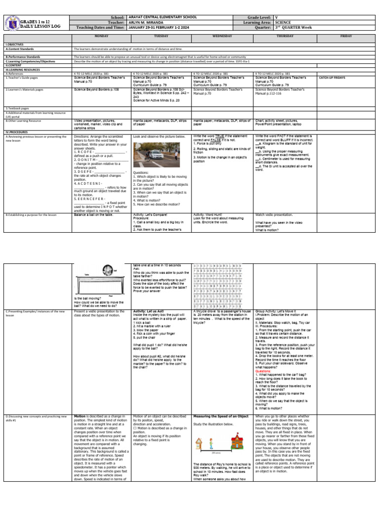 DLL - Science 5 - Q3 - W1 | PDF | Speed | Velocity
