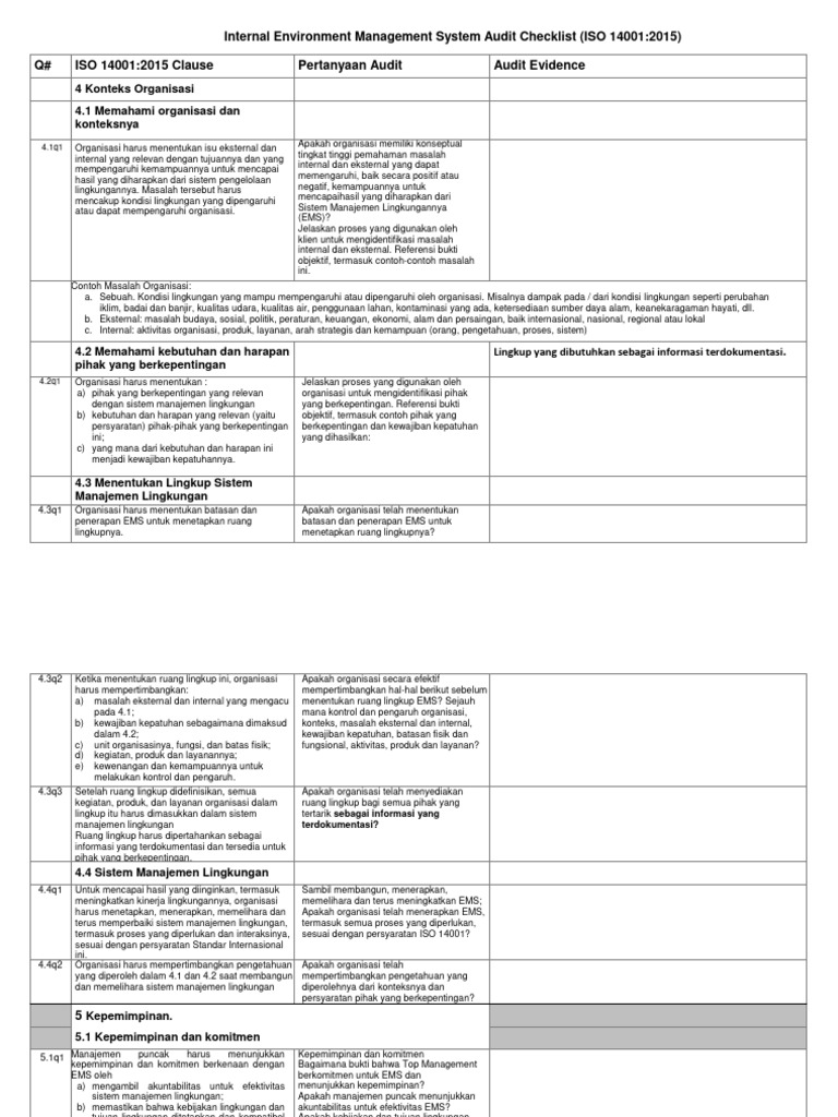 Audit Checklist ISO 14001:2015 EMS | PDF