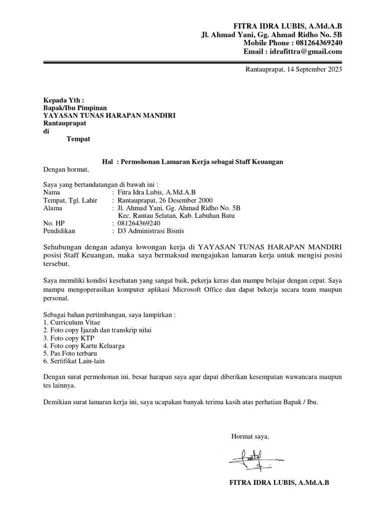 CV Dan Surat Lamaran - Fitra Idra Lubis | PDF