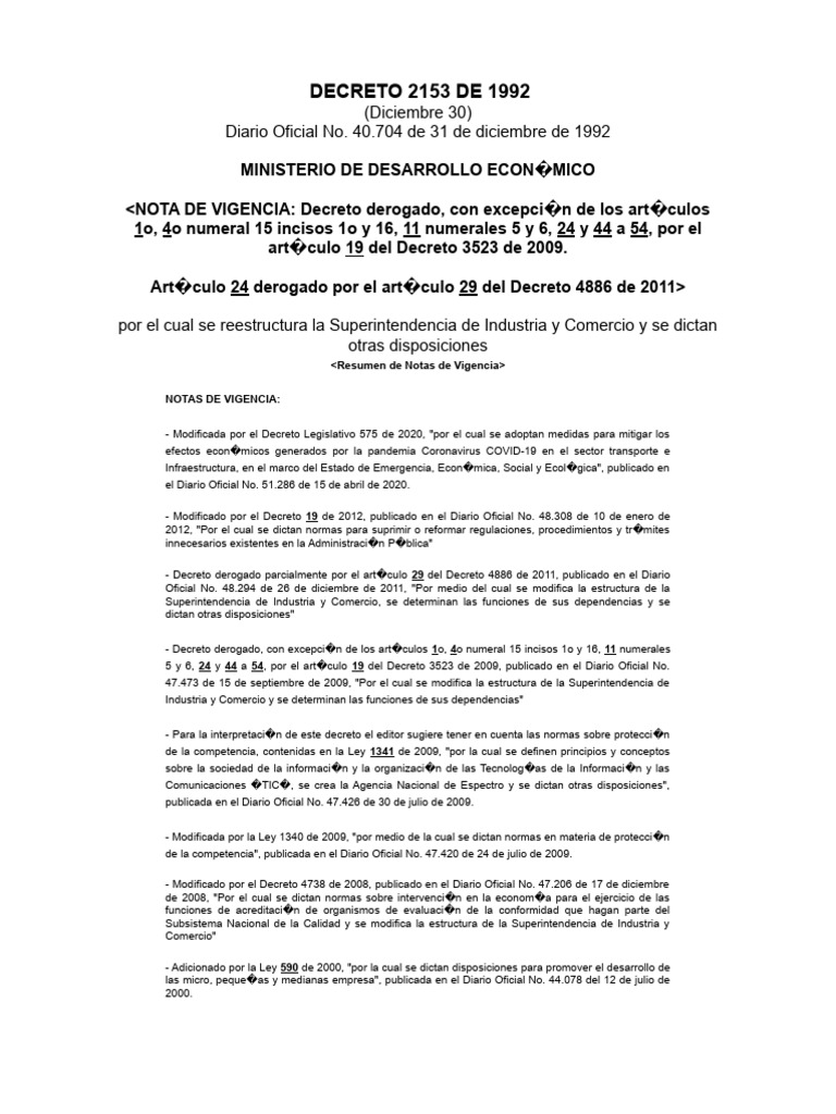 D. 2153 de 1992 | PDF | Mercado (economía) | Multa (pena)