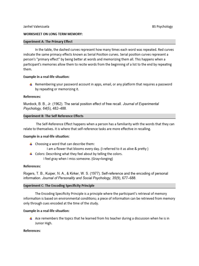Psychology Memory Experiments | PDF | Memory | Recall (Memory)