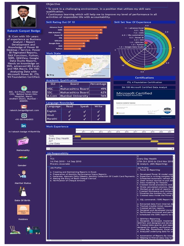 Rakesh Bedge Resume in Power BI Dashboard v.1 | PDF | Microsoft Excel ...